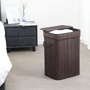 SONGMICS Bamboo Laundry Hamper Storage Basket Foldable Dirty Clothes Hamper with Lid Handles and Removable Liner Rectangular Dark Brown ULCB10B