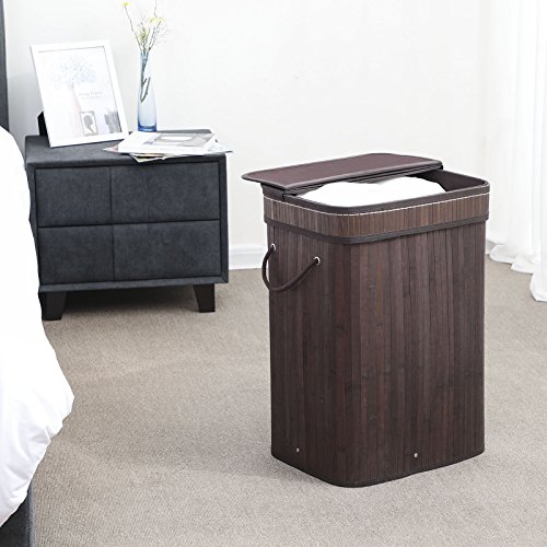 SONGMICS Bamboo Laundry Hamper Storage Basket Foldable Dirty Clothes Hamper with Lid Handles and Removable Liner Rectangular Dark Brown ULCB10B