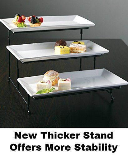 Partito Bella 3 Tier Swiveling Plate Rack Stand Including Three 12x6 Pro-Grade Porcelain Platters for Presentations of Any Kind – Thicker Sturdier Collapsible Stand and Stackable Platters