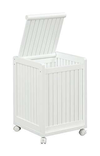 New Ridge Home Goods Abingdon Solid Birch Wood Mobile Hamper with Lid, Medium, White