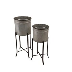 Creative Co-Op Farmhouse Round Corrugated Metal Planters on Stands, Set of 2 Sizes, Silver and Black