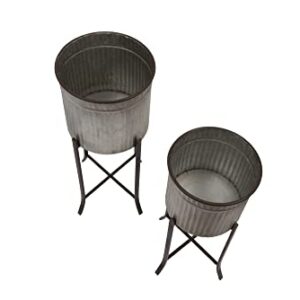 Creative Co-Op Farmhouse Round Corrugated Metal Planters on Stands, Set of 2 Sizes, Silver and Black