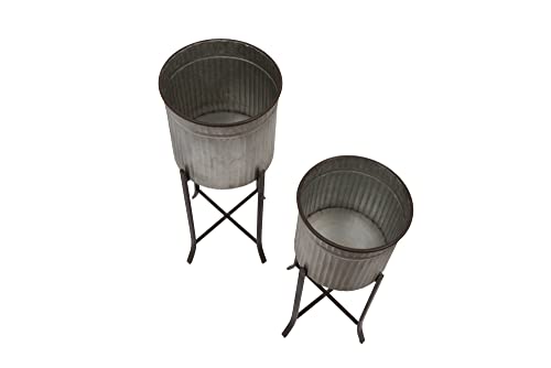 Creative Co-Op Farmhouse Round Corrugated Metal Planters on Stands, Set of 2 Sizes, Silver and Black