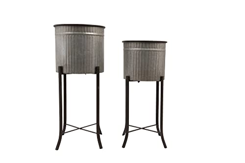 Creative Co-Op Farmhouse Round Corrugated Metal Planters on Stands, Set of 2 Sizes, Silver and Black