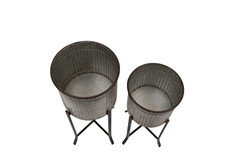 Creative Co-Op Farmhouse Round Corrugated Metal Planters on Stands, Set of 2 Sizes, Silver and Black