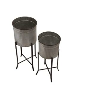 Creative Co-Op Farmhouse Round Corrugated Metal Planters on Stands, Set of 2 Sizes, Silver and Black