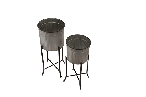 Creative Co-Op Farmhouse Round Corrugated Metal Planters on Stands, Set of 2 Sizes, Silver and Black