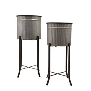 Creative Co-Op Farmhouse Round Corrugated Metal Planters on Stands, Set of 2 Sizes, Silver and Black