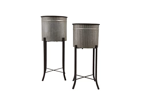 Creative Co-Op Farmhouse Round Corrugated Metal Planters on Stands, Set of 2 Sizes, Silver and Black