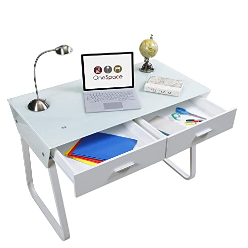 OneSpace Ultramodern Glass Computer Desk with Drawers, White Medium