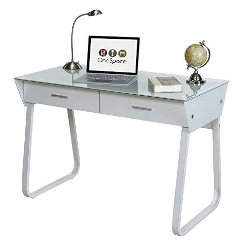 OneSpace Ultramodern Glass Computer Desk with Drawers, White Medium