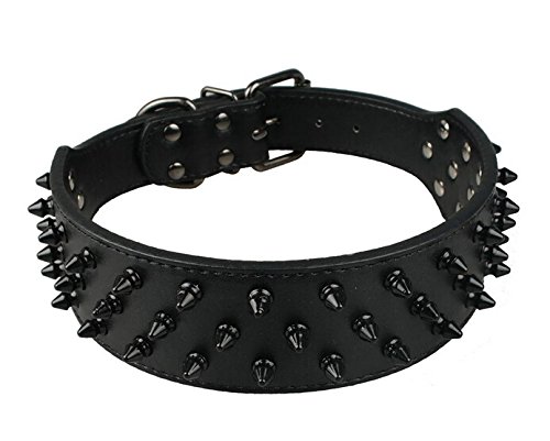 Benala 2" Black Leather Dog Collars Cool Spiked Studded Pet Dog Collar for Medium Large Dogs Pitbulls Mastiff Bully