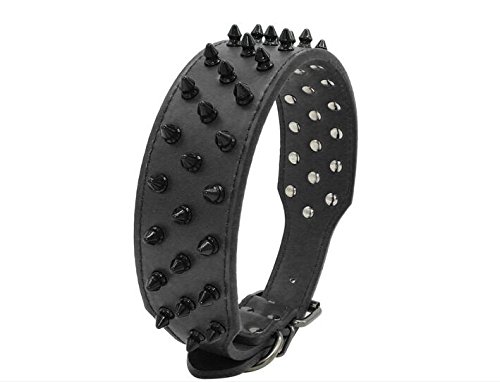 Benala 2" Black Leather Dog Collars Cool Spiked Studded Pet Dog Collar for Medium Large Dogs Pitbulls Mastiff Bully