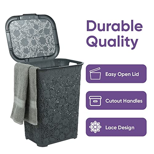 Superio Laundry Hamper with Lid Lace Design 50 Liter - Grey Laundry Hamper Basket With Cutout Handles, Rectangular Shape Modern Style Bin - Dirty Cloths Storage