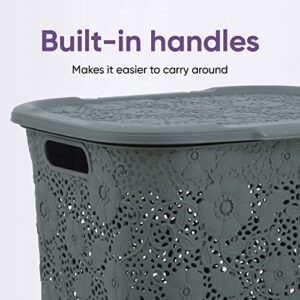 Superio Laundry Hamper with Lid Lace Design 50 Liter - Grey Laundry Hamper Basket With Cutout Handles, Rectangular Shape Modern Style Bin - Dirty Cloths Storage