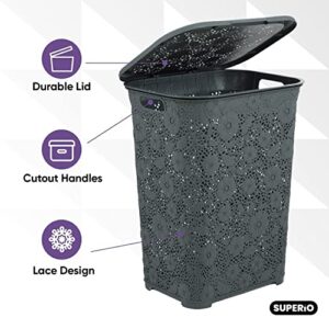 Superio Laundry Hamper with Lid Lace Design 50 Liter - Grey Laundry Hamper Basket With Cutout Handles, Rectangular Shape Modern Style Bin - Dirty Cloths Storage