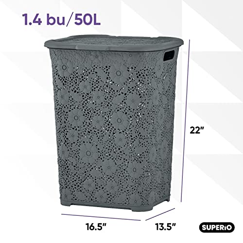 Superio Laundry Hamper with Lid Lace Design 50 Liter - Grey Laundry Hamper Basket With Cutout Handles, Rectangular Shape Modern Style Bin - Dirty Cloths Storage