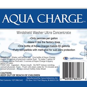 Aqua Charge Windshield Washer Ultra Concentrate, 1 Bottle Makes 55 gallons of Finished Summer Product, Simply Add Methanol for a Winter Blend down to -20F