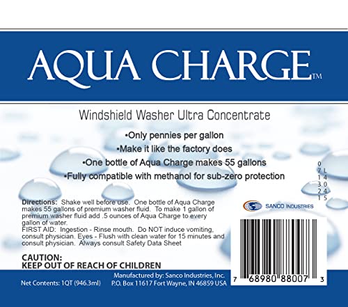 Aqua Charge Windshield Washer Ultra Concentrate, 1 Bottle Makes 55 gallons of Finished Summer Product, Simply Add Methanol for a Winter Blend down to -20F