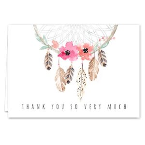 Boho Spirit Thank You Note Cards / 36 Greeting Cards With White Envelopes Set / 6 Floral And Feather Gratitude Card Designs / 3 1/2" x 4 7/8" Thanks Note Cards