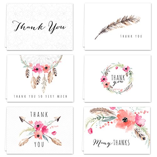 Boho Spirit Thank You Note Cards / 36 Greeting Cards With White Envelopes Set / 6 Floral And Feather Gratitude Card Designs / 3 1/2" x 4 7/8" Thanks Note Cards