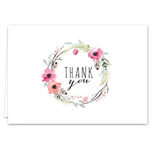 Boho Spirit Thank You Note Cards / 36 Greeting Cards With White Envelopes Set / 6 Floral And Feather Gratitude Card Designs / 3 1/2" x 4 7/8" Thanks Note Cards