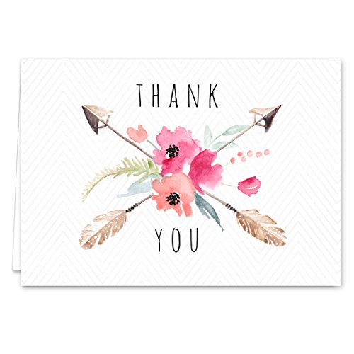 Boho Spirit Thank You Note Cards / 36 Greeting Cards With White Envelopes Set / 6 Floral And Feather Gratitude Card Designs / 3 1/2" x 4 7/8" Thanks Note Cards