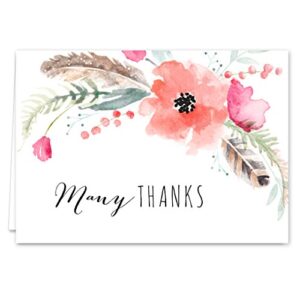 Boho Spirit Thank You Note Cards / 36 Greeting Cards With White Envelopes Set / 6 Floral And Feather Gratitude Card Designs / 3 1/2" x 4 7/8" Thanks Note Cards