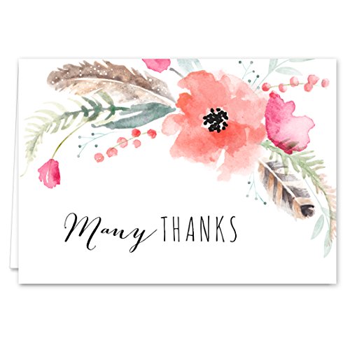 Boho Spirit Thank You Note Cards / 36 Greeting Cards With White Envelopes Set / 6 Floral And Feather Gratitude Card Designs / 3 1/2" x 4 7/8" Thanks Note Cards