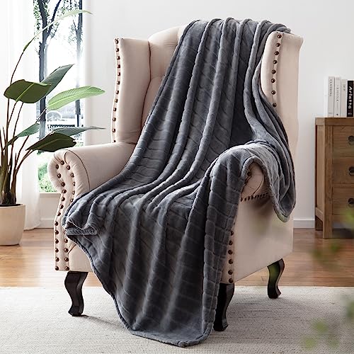 Bertte Decorative Stripe Lightweight Fleece Cozy Sofa Bed Seasons Throw 330 GSM Soft Plush Fuzzy Warm Fluffy Blanket, 50"x 60", Dark Grey