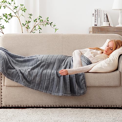 Bertte Decorative Stripe Lightweight Fleece Cozy Sofa Bed Seasons Throw 330 GSM Soft Plush Fuzzy Warm Fluffy Blanket, 50"x 60", Dark Grey