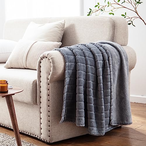 Bertte Decorative Stripe Lightweight Fleece Cozy Sofa Bed Seasons Throw 330 GSM Soft Plush Fuzzy Warm Fluffy Blanket, 50"x 60", Dark Grey