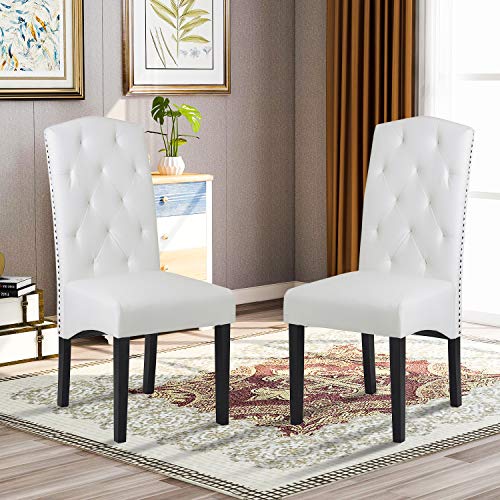 Dining Chairs Set of 2 PU Dining Chair, Leisure Chairs with Solid Wood Legs, Living Room Chairs, Cream White, 18.5" W x 19.5" D x 40.5" H