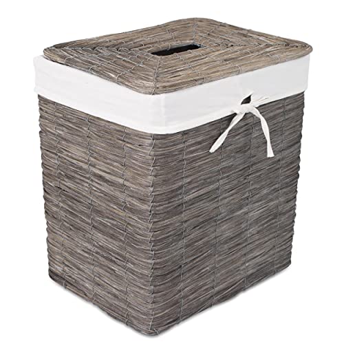 BirdRock Home Rustic Woven Wood Peel Laundry Hamper with Lid - Thin Weave Laundry Basket - Removable Liner - Dirty Clothes Storage Bin - Grey