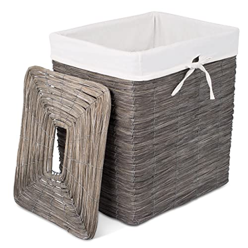 BirdRock Home Rustic Woven Wood Peel Laundry Hamper with Lid - Thin Weave Laundry Basket - Removable Liner - Dirty Clothes Storage Bin - Grey