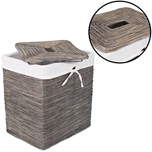 BirdRock Home Rustic Woven Wood Peel Laundry Hamper with Lid - Thin Weave Laundry Basket - Removable Liner - Dirty Clothes Storage Bin - Grey