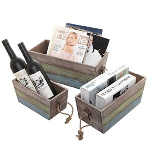 mygift brown wood storage crate box, decorative nesting container boxes with multicolored painted stripes and rope handles, 3 piece set