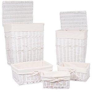 BIRDROCK HOME Woven Willow Baskets with Liner for Storage and Laundry - Set of 5 - Rectangular Hamper Bins with Lids - Decorative Wooden Wicker Basket for Organizing Blankets - Baby Organizer - White