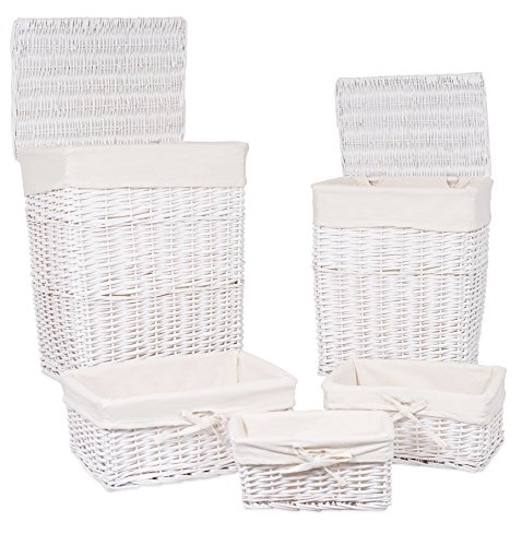 BIRDROCK HOME Woven Willow Baskets with Liner for Storage and Laundry - Set of 5 - Rectangular Hamper Bins with Lids - Decorative Wooden Wicker Basket for Organizing Blankets - Baby Organizer - White