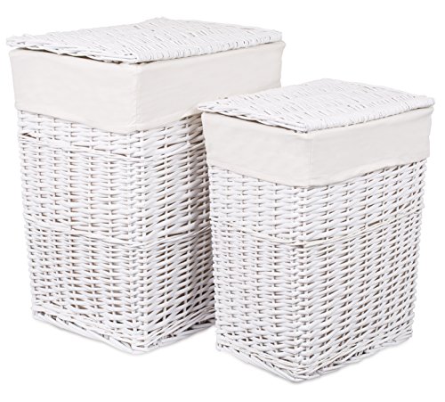 BIRDROCK HOME Woven Willow Baskets with Liner for Storage and Laundry - Set of 5 - Rectangular Hamper Bins with Lids - Decorative Wooden Wicker Basket for Organizing Blankets - Baby Organizer - White