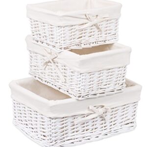 BIRDROCK HOME Woven Willow Baskets with Liner for Storage and Laundry - Set of 5 - Rectangular Hamper Bins with Lids - Decorative Wooden Wicker Basket for Organizing Blankets - Baby Organizer - White