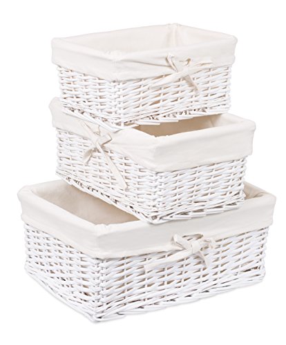 BIRDROCK HOME Woven Willow Baskets with Liner for Storage and Laundry - Set of 5 - Rectangular Hamper Bins with Lids - Decorative Wooden Wicker Basket for Organizing Blankets - Baby Organizer - White