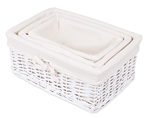 BIRDROCK HOME Woven Willow Baskets with Liner for Storage and Laundry - Set of 5 - Rectangular Hamper Bins with Lids - Decorative Wooden Wicker Basket for Organizing Blankets - Baby Organizer - White