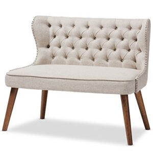 baxton studio sydney walnut wood button-tufting with nailheads trim 2-seater loveseat settee, light beige