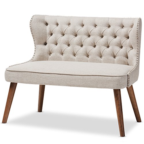 Baxton Studio Sydney Walnut Wood Button-Tufting with Nailheads Trim 2-Seater Loveseat Settee, Light Beige