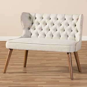 Baxton Studio Sydney Walnut Wood Button-Tufting with Nailheads Trim 2-Seater Loveseat Settee, Light Beige