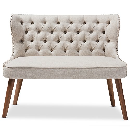 Baxton Studio Sydney Walnut Wood Button-Tufting with Nailheads Trim 2-Seater Loveseat Settee, Light Beige