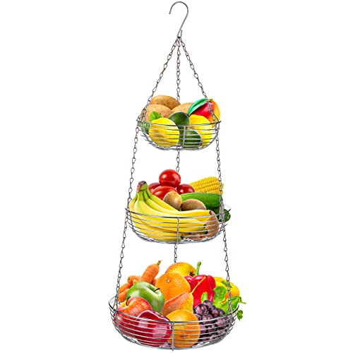 Heavy Duty 3-Tier Hanging Fruit and Vegetable Basket with 2 Metal Ceiling Hooks, Chrome