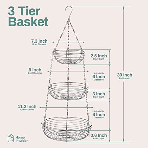 Heavy Duty 3-Tier Hanging Fruit and Vegetable Basket with 2 Metal Ceiling Hooks, Chrome