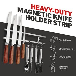 Magnetic Knife Holder, Stainless Steel 18-Inch Magnetic Knife Rack with 6 Removable Hooks, Ergonomic Tool Magnet Bar and Knife Strip with Installation Hardware – Any Kitchen Stuff